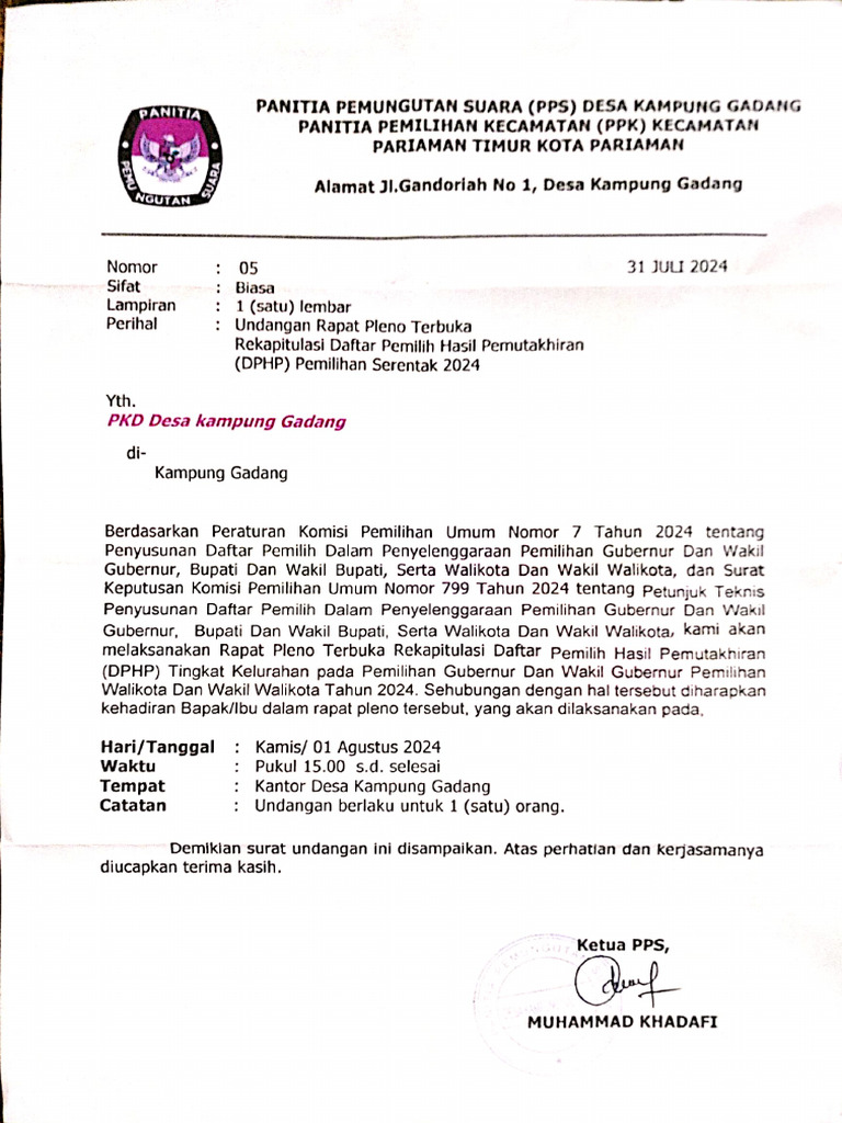 Undangan Rapat Pleno DPHP PPS DESA KAMPUNG GADANG | PDF
