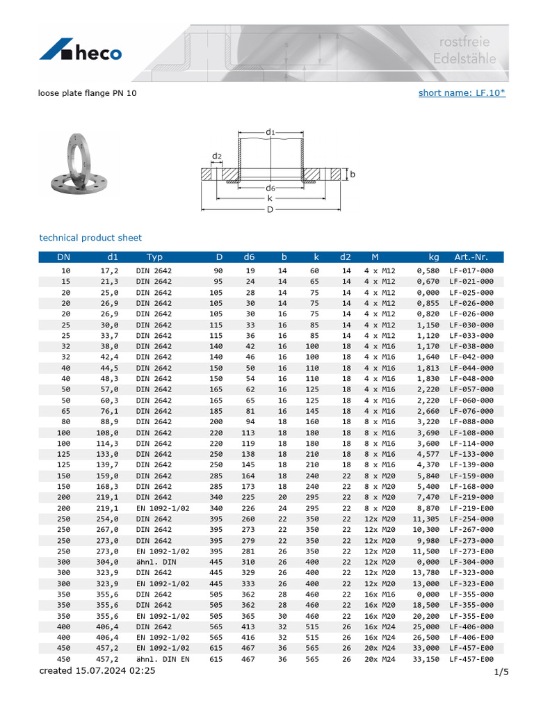 Heco Product Sheet 120 Stainless Steel Loose Plate Flanges DIN en PN 10 | PDF