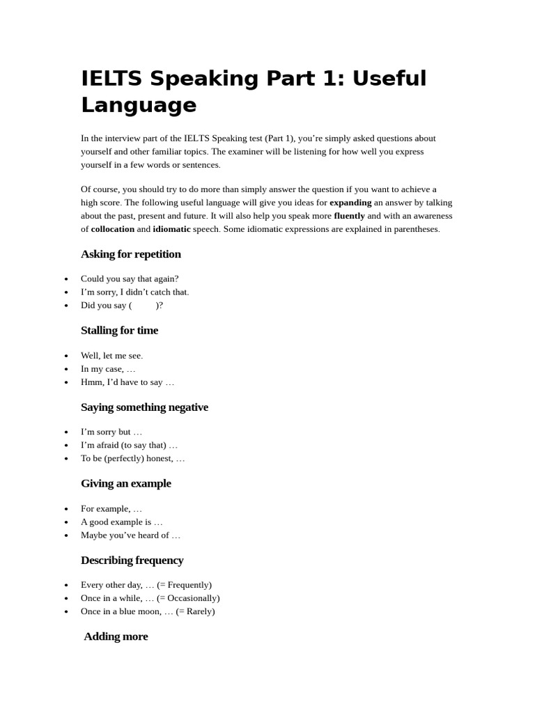 IELTS Speaking Part 1 Useful Language | PDF