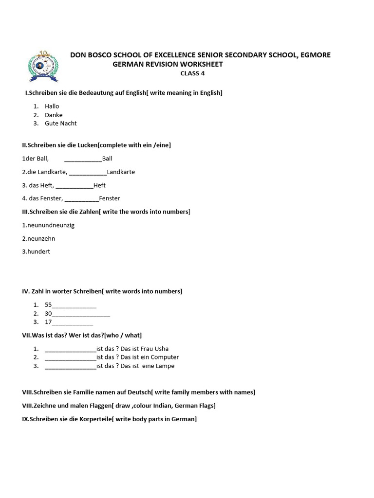 Class 4 German Revision Worksheet | PDF