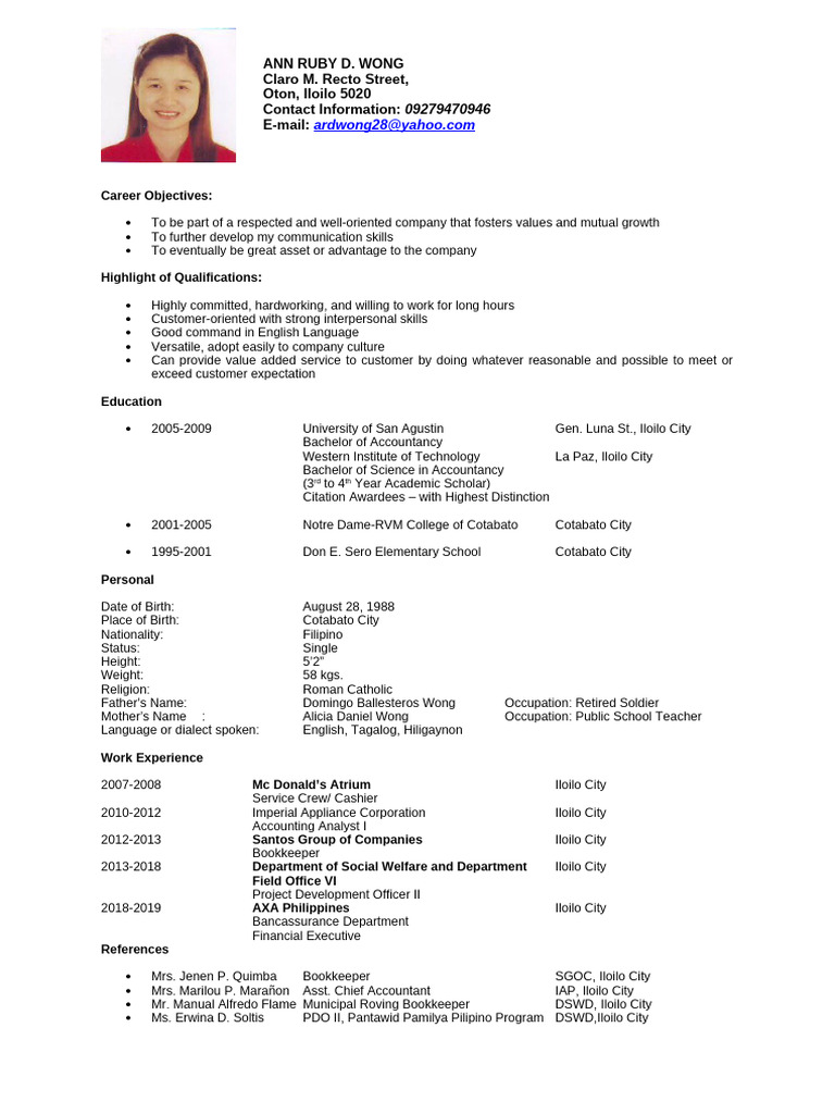 Ann Ruby Wong. Resume | PDF