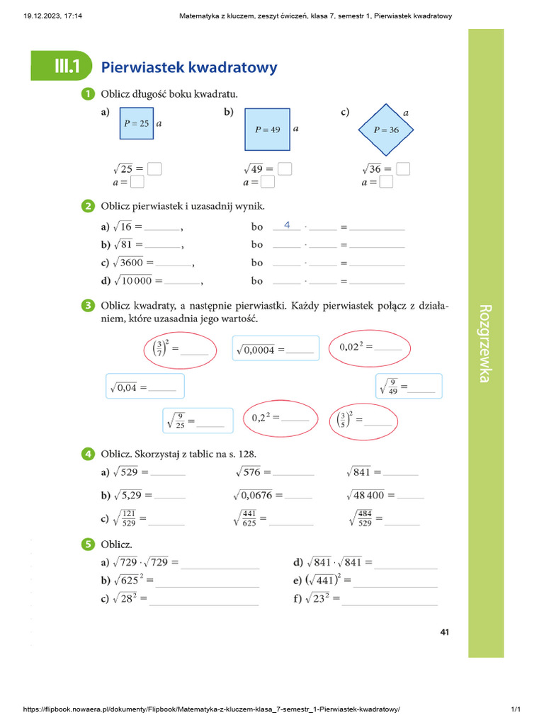 Matematyka Z Kluczem, Zeszyt Ćwiczeń, Klasa 7, Semestr 1, Pierwiastek ...