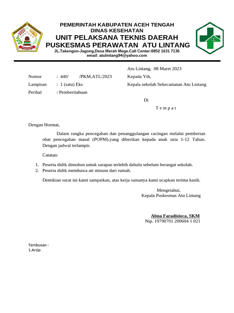 Surat Pemberitahuan Cacing | PDF