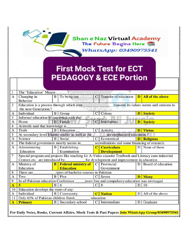 ECT Mock Test, Pedagogy & ECE Portion by Shan Ali Junejo 03490975542 | PDF