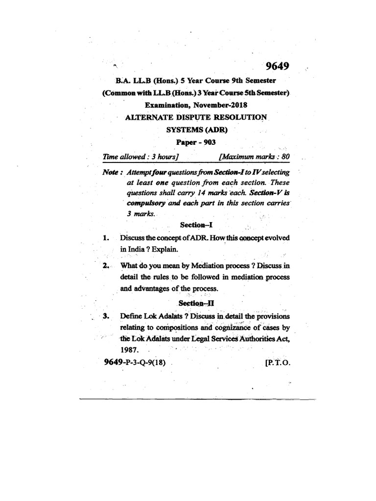 Ballb 9 Sem LLB 5 Sem Hons Alternate Dispute Resolution 9649 Nov 2018 | PDF