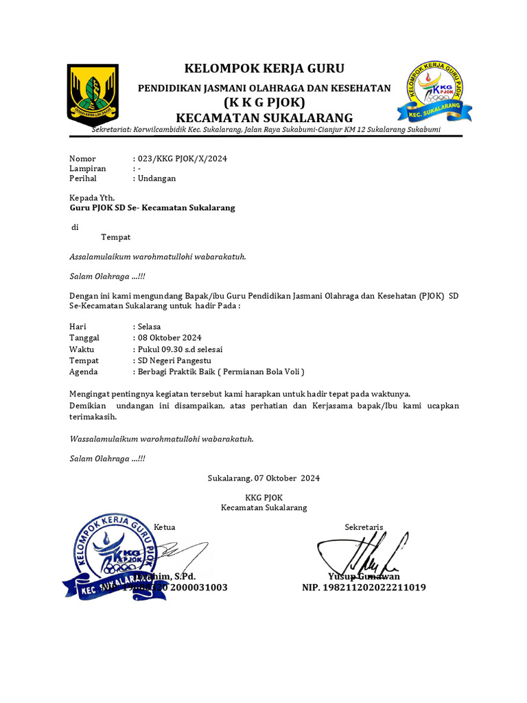Undangan KKG PJOK 8 10 2024 | PDF