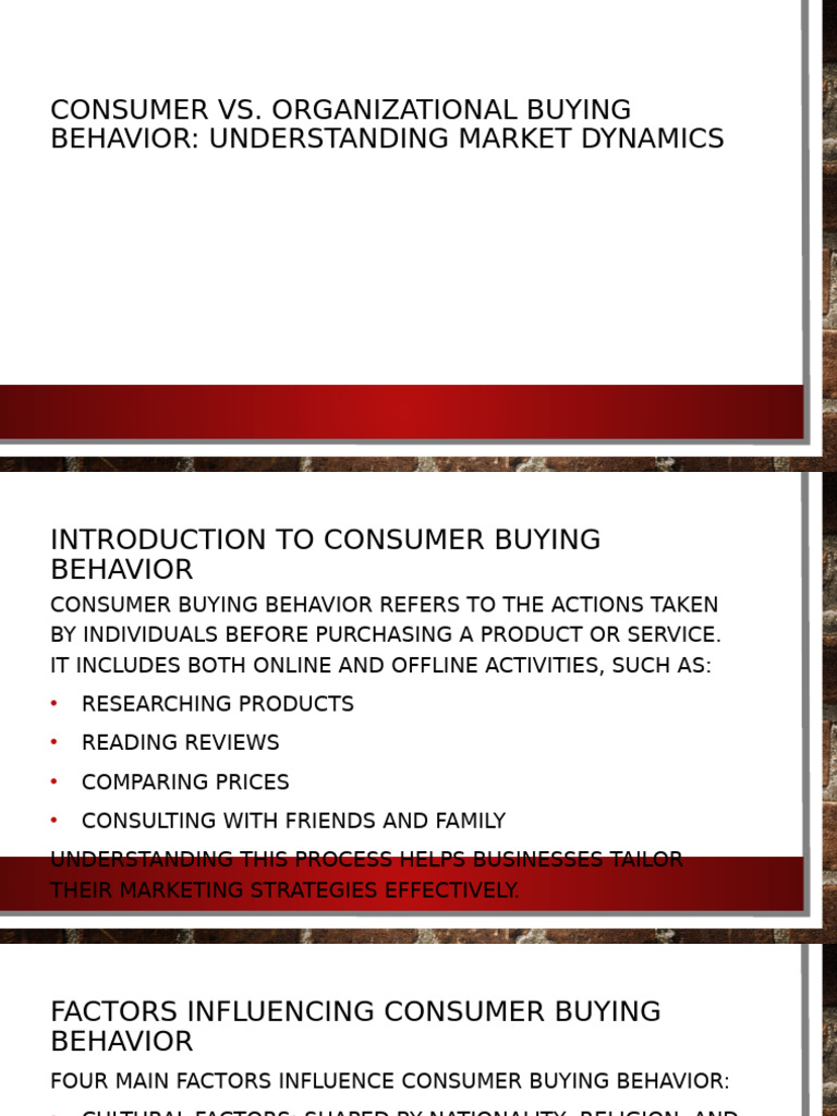 Consumer Vs Organizational Buying Behavior Understanding Market Dynamics | PDF