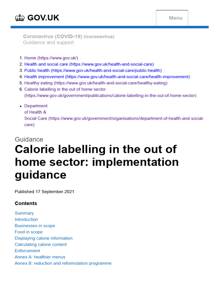 2021 DHSC Guidance Calorie Labelling | PDF