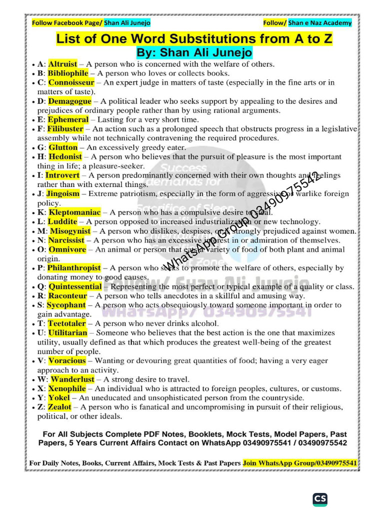 A To Z One Word Substitute by Shan Ali Junejo 03490975542 | PDF