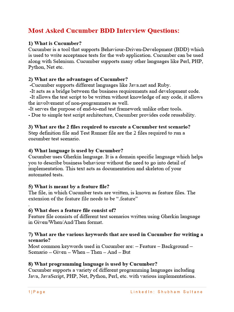 Most Asked Cucumber BDD Interview Questions | PDF | Software Engineering | Computer Programming