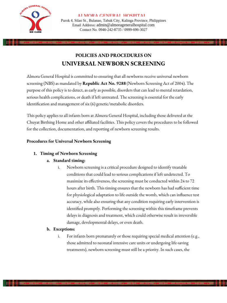 Policies and Procedures On Universal Newborn Screening | PDF
