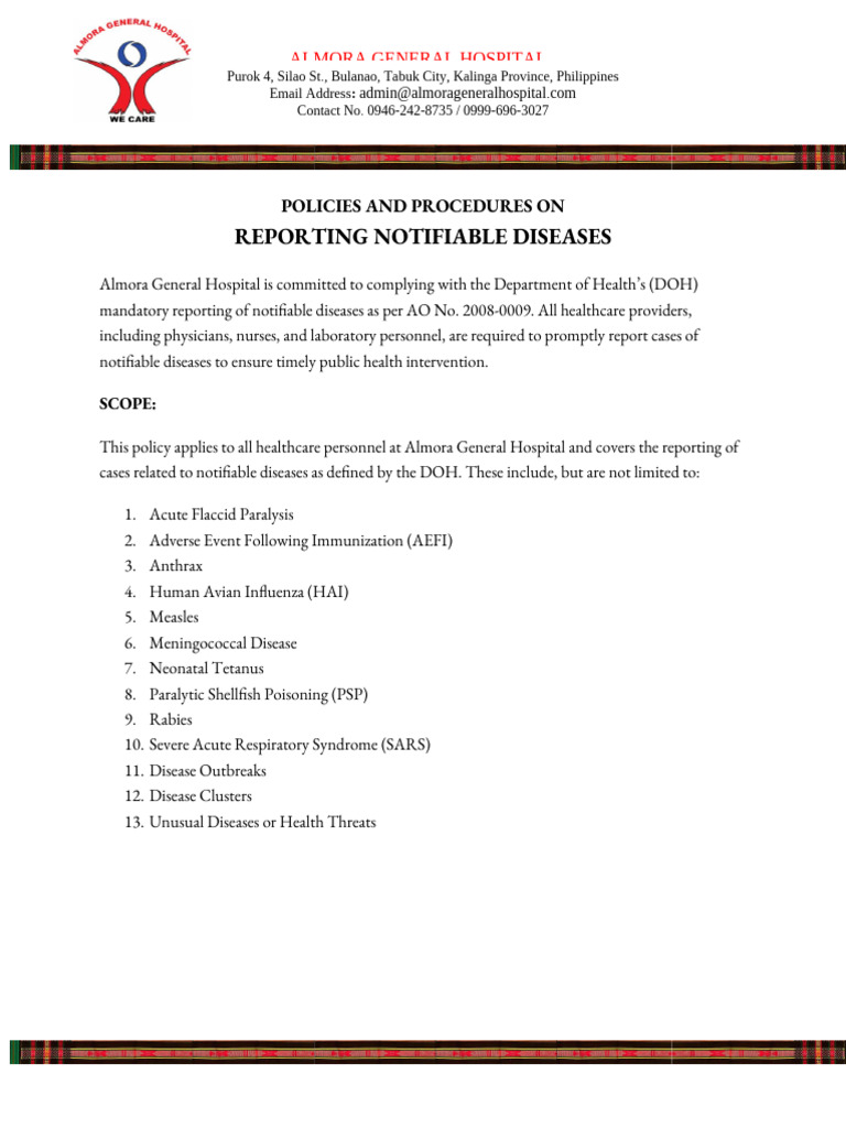 Policies and Procedures On Reporting Notifiable Diseases | PDF
