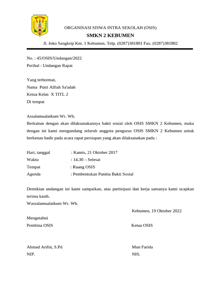 Contoh Surat Undangan Rapat OSIS X TITL 2.pdf | PDF