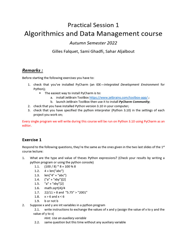 Algorithmics and Data Management Course: Practical Session 1 | PDF