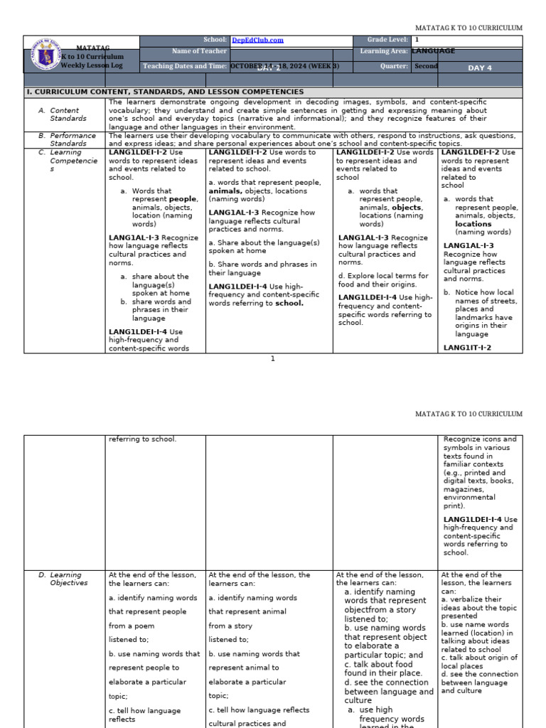 Grade 1 DLL Week 3 Matatag Curriculum | PDF | Vocabulary | Curriculum