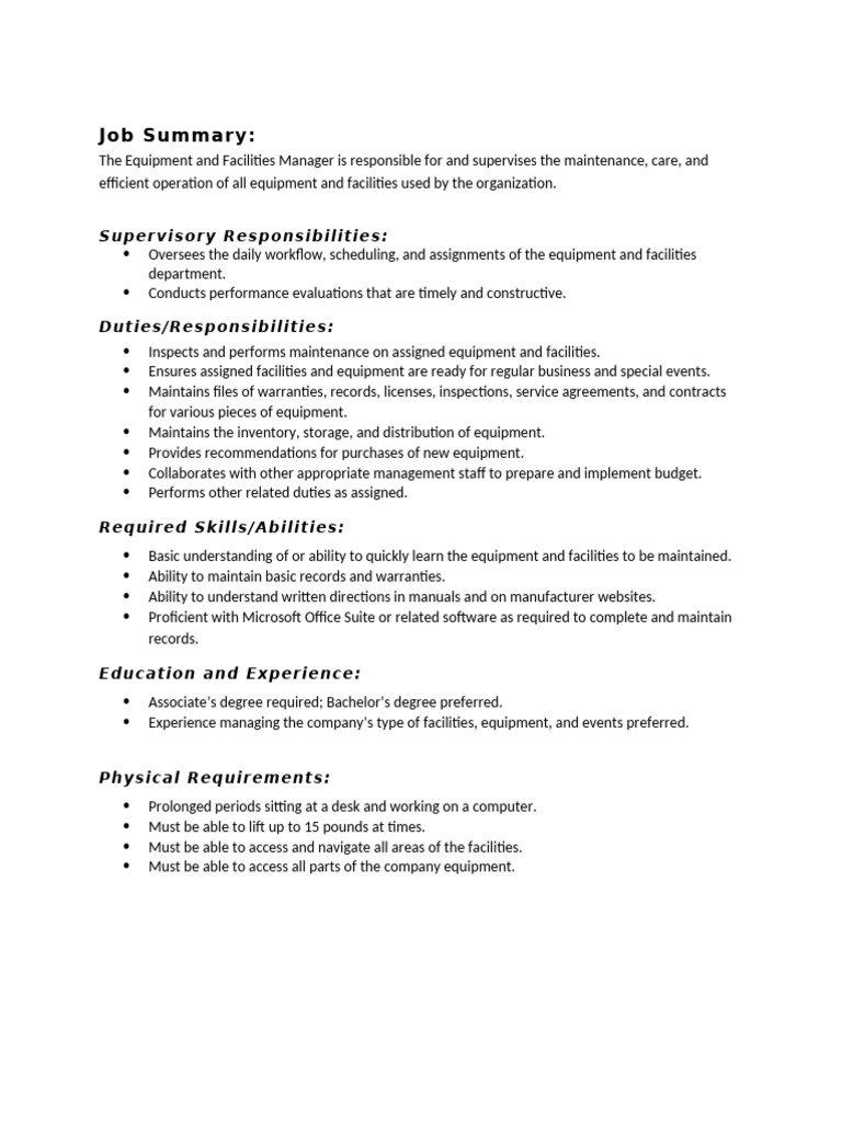 Equipment and Facilities Manager | PDF