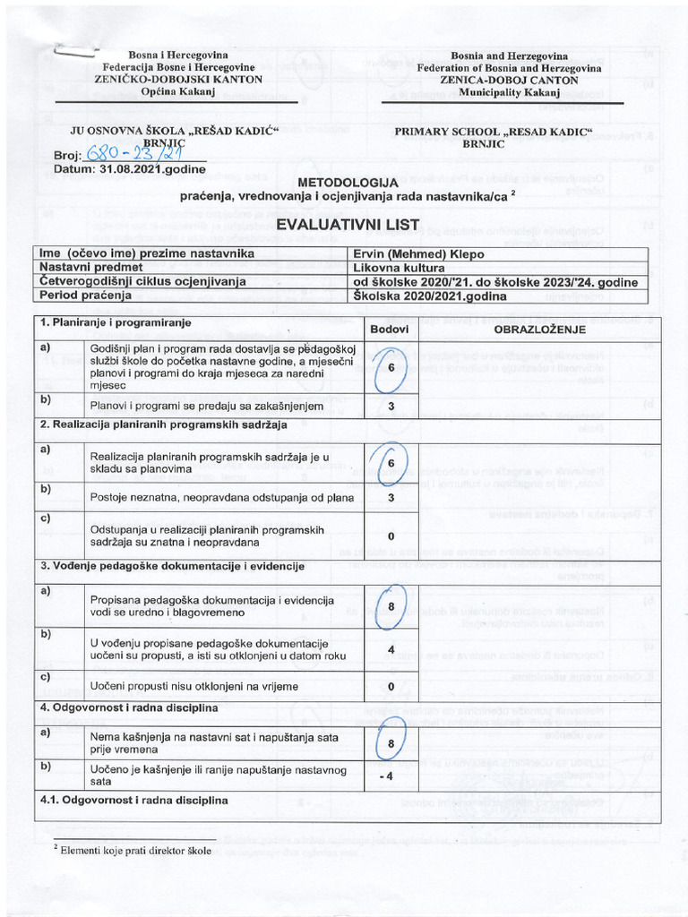 Metodologija Praćenja, Vrenovanja I Ocjenjivanja Rada Nastavnika ...