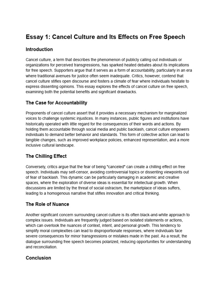 Essay 1 - Cancel Culture and Its Effects On Free Speech | PDF