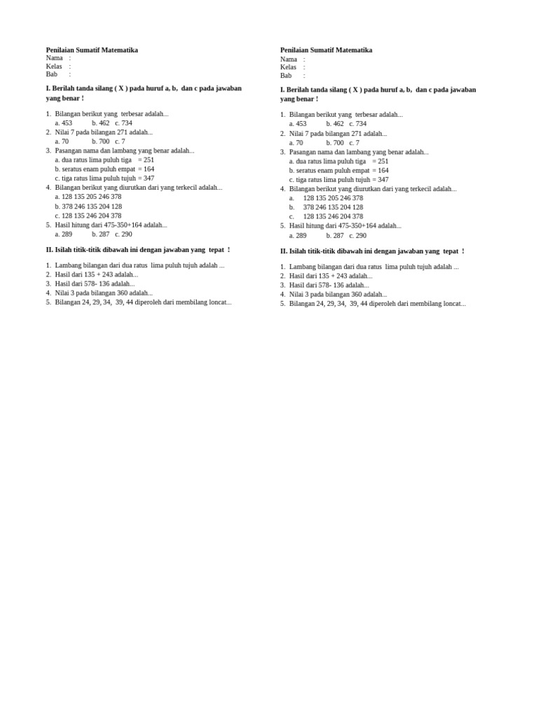 Penilaian Sumatif Matematika Kls 2C | PDF