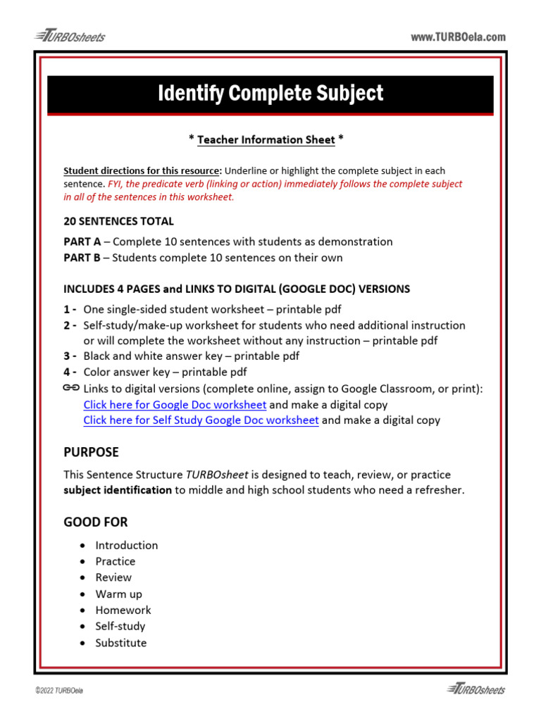 Identify Complete Subject: Teacher Information Sheet | PDF