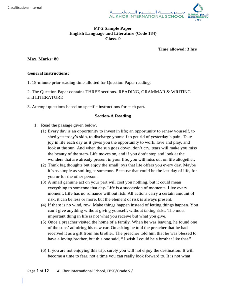 PT2 Grade 9 Sample Paper 2023-24 | PDF