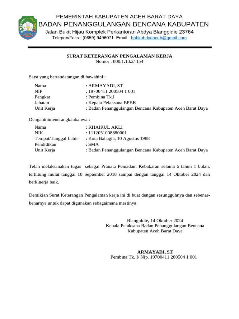 Surat Pengalaman Kerja Akli | PDF