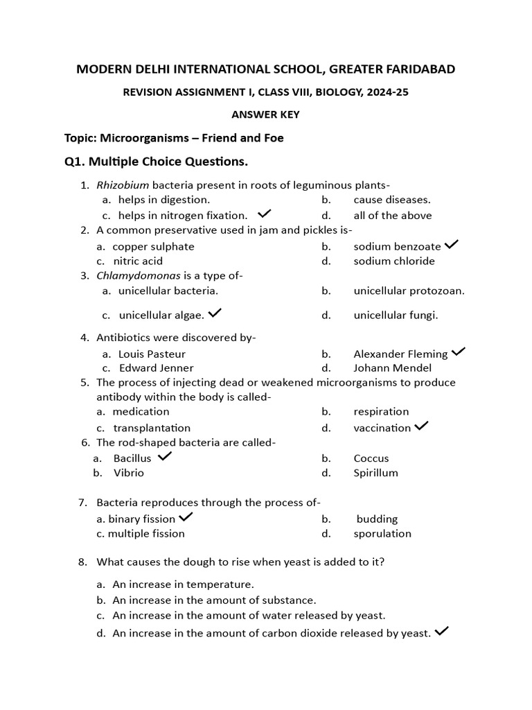 CL 8 - Ans Key - Rev Asgn 1 - Microorganisms - 2024-25 | PDF