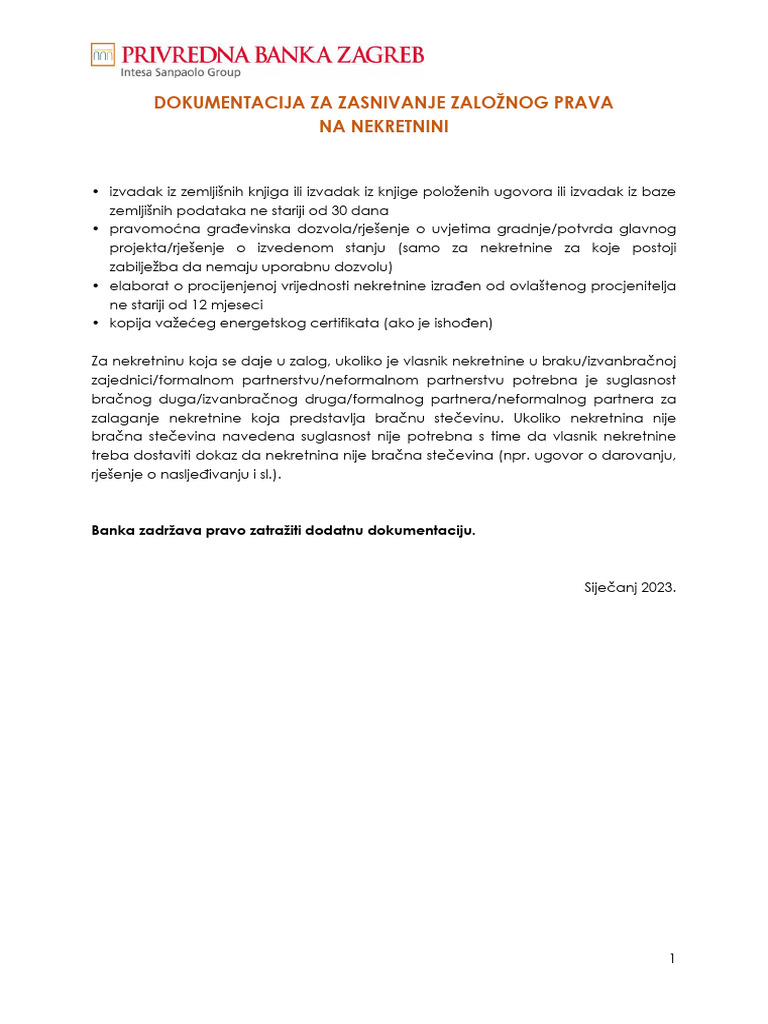 Dokumentacija Za Zasnivanje Založnog Prava Na Nekretnini | PDF