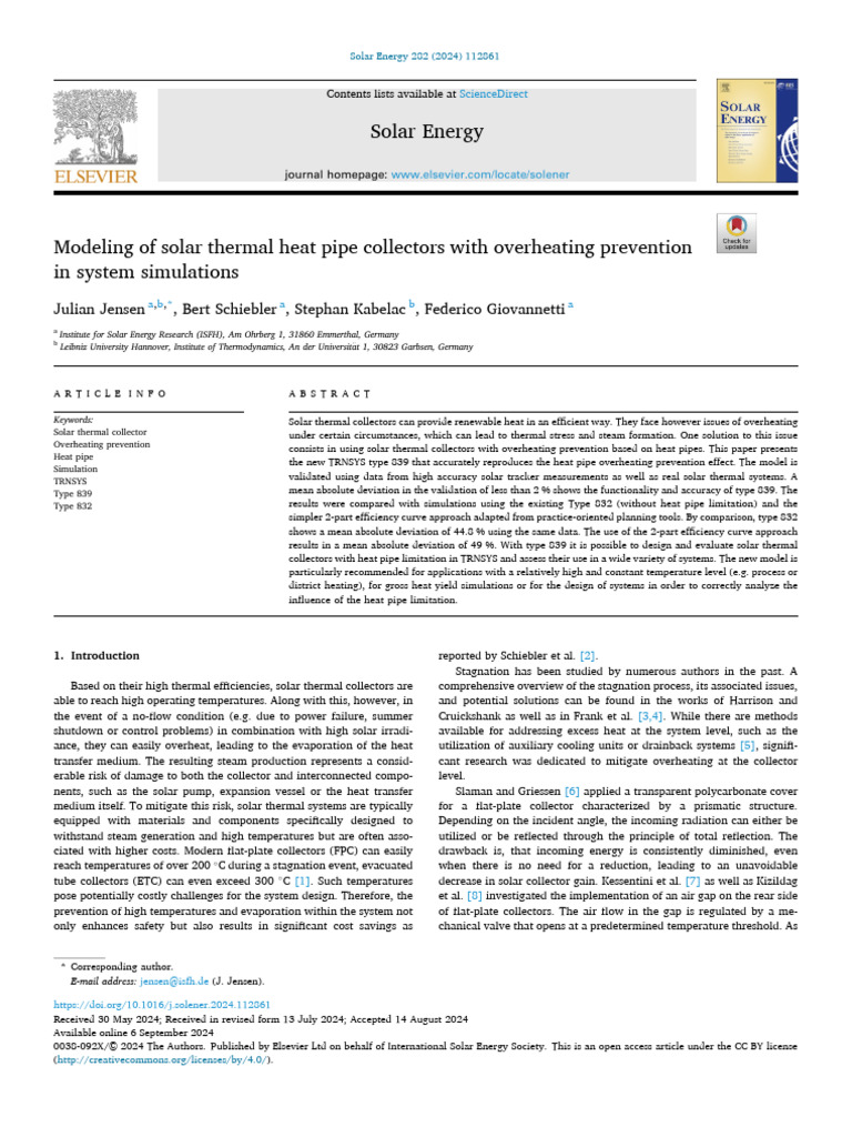 Modeling of Solar Thermal Heat Pipe Collectors With Overheating - 2024 ...