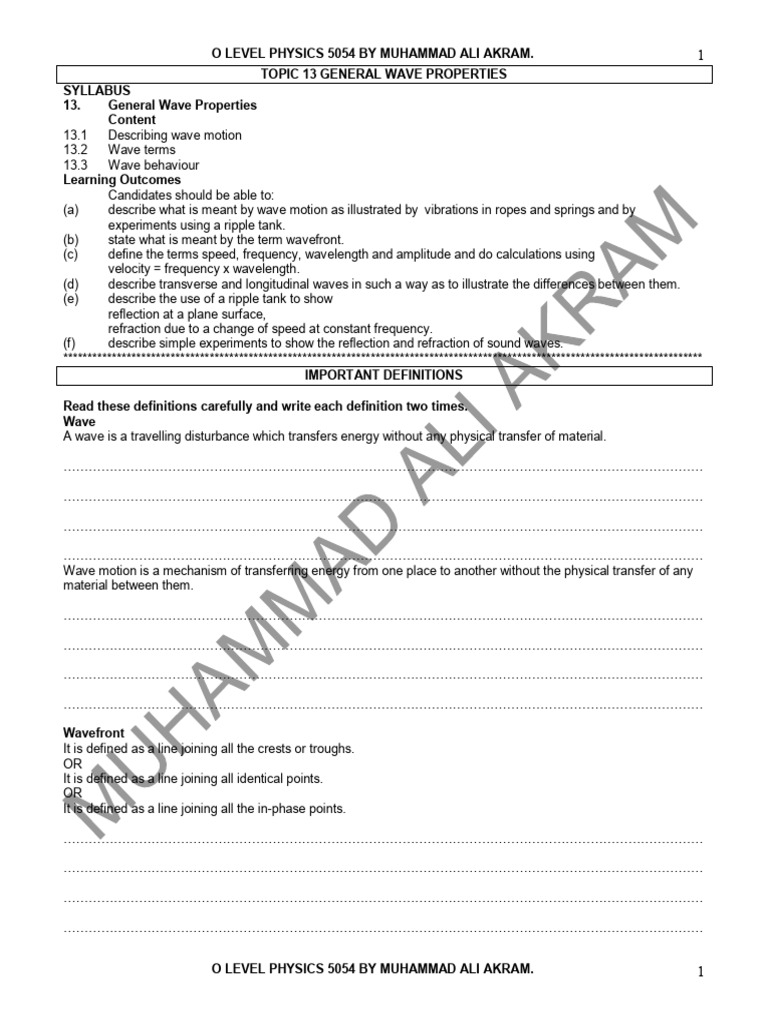 TOPIC 13 General Wave Properties. O Level Physics 5054 by Muhammad Ali ...