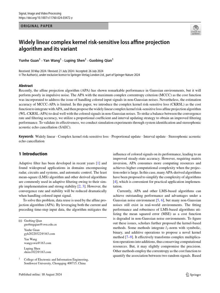 Widely Linear Complex Kernel Risk-Sensitive Loss Affine Projection Algorithm and Its Variant | PDF