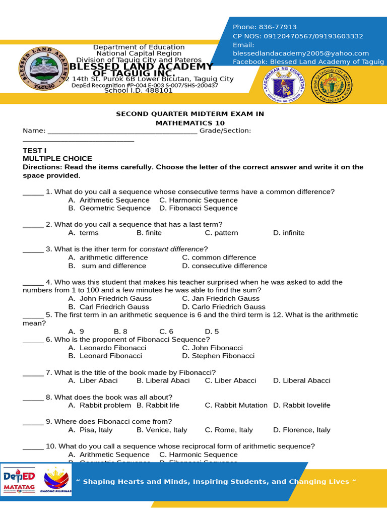 Grade 10 Math - Copy - 103957 | PDF