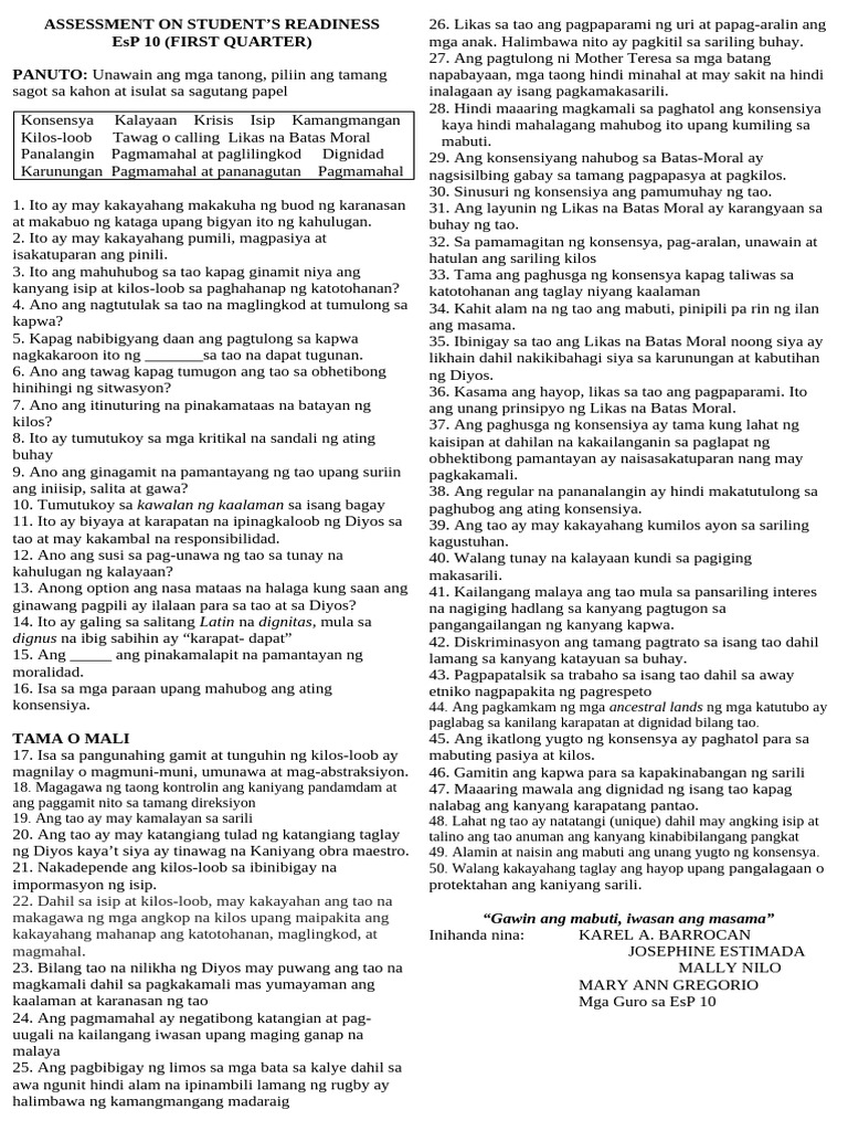 ASSESSMENT-1ST-QUARTER Esp | PDF