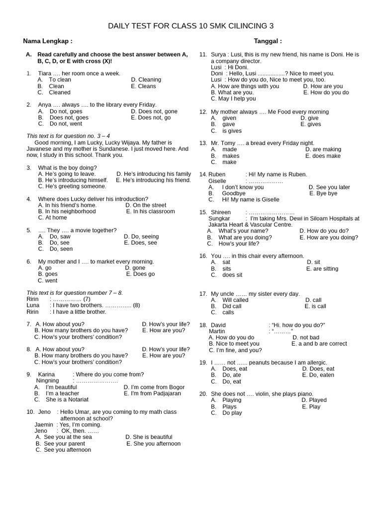 Daily Test For Class 10 & 11 SMK Cilincing 3 | PDF