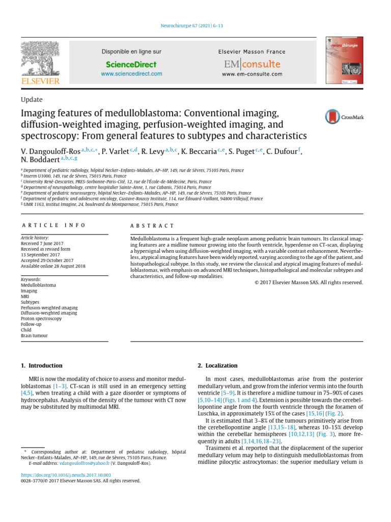 Imaging Features of Medulloblastoma - Conventional Imaging, Diffusion-Weighted Imaging ...