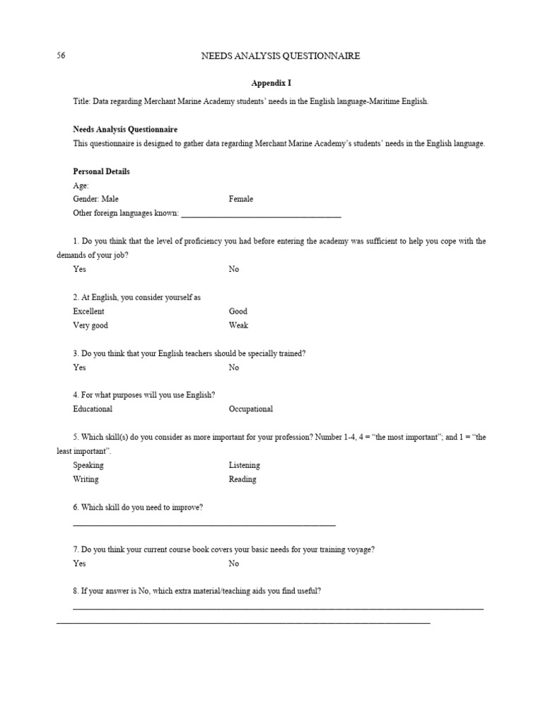 Needs Analysis Questionnaire: Appendix I | PDF