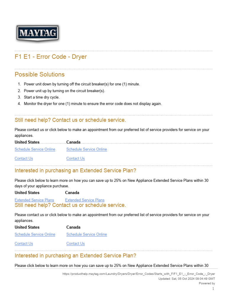 F1 E1 - Error Code - Dryer | PDF