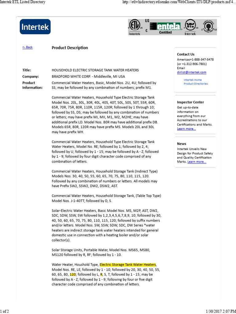 Intertek ETL Listed Directory (UL 174) | PDF