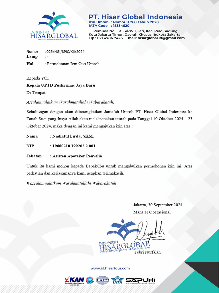 Surat Permohonan Izin Cuti Umroh Ibu Nadiatul Firda | PDF Surat Permohonan Izin Cuti Umroh Ibu Nadiatul Firda | PDF