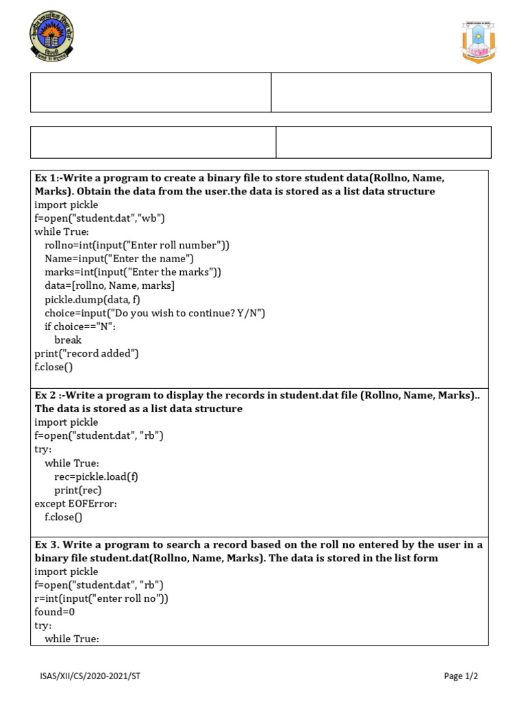 Sample Practical Questions (Binary Files) | PDF