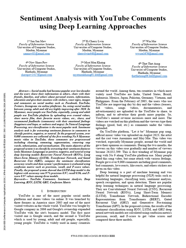 Sentiment Analysis With YouTube Comments Using Deep Learning Approaches | PDF
