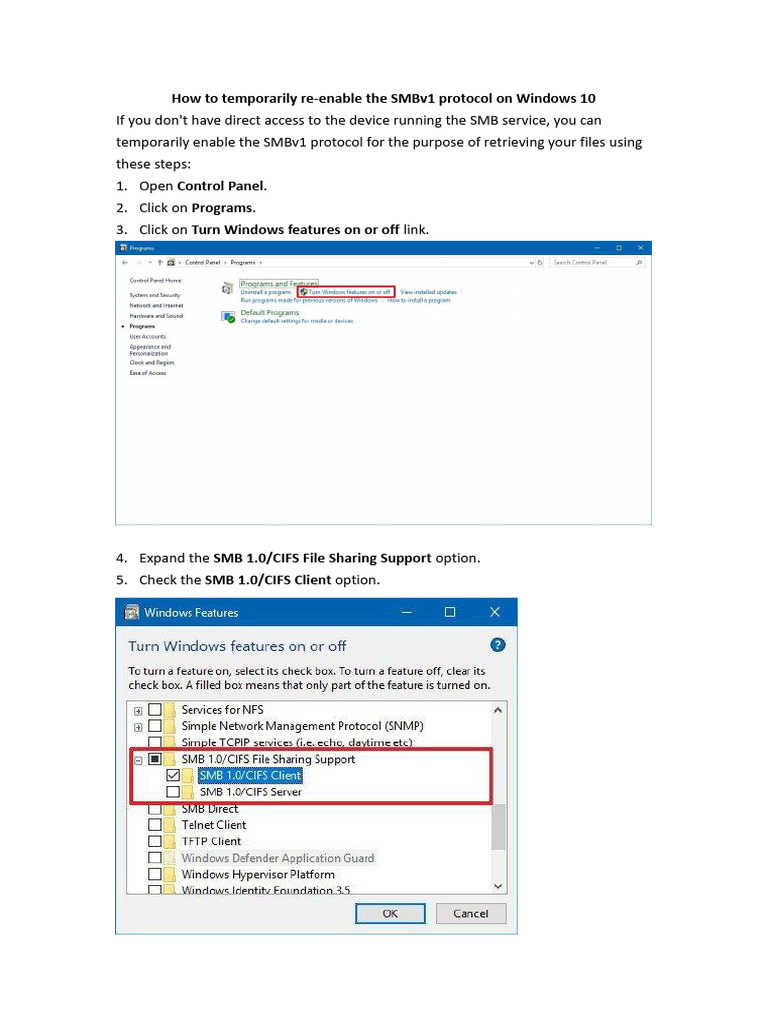 How To Temporarily Re-Enable The SMBv1 Protocol On Windows 10 | PDF