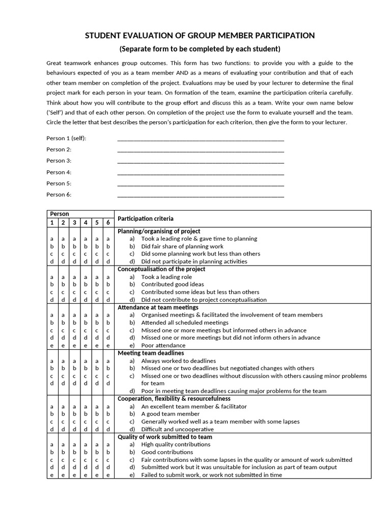 StudentEvaluationofGroupMembersSheet ISB | PDF