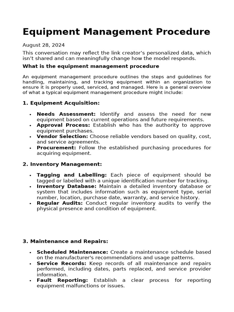 Equipment Management Procedure | PDF