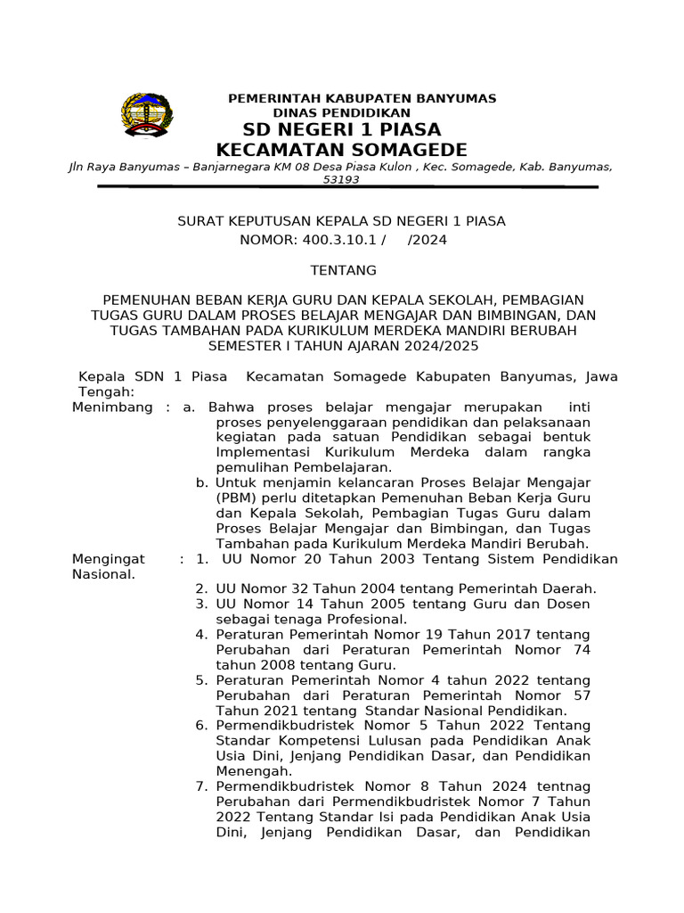 SK Pembagian Tugas Guru SDN 1 PIASA - Kurmer | PDF