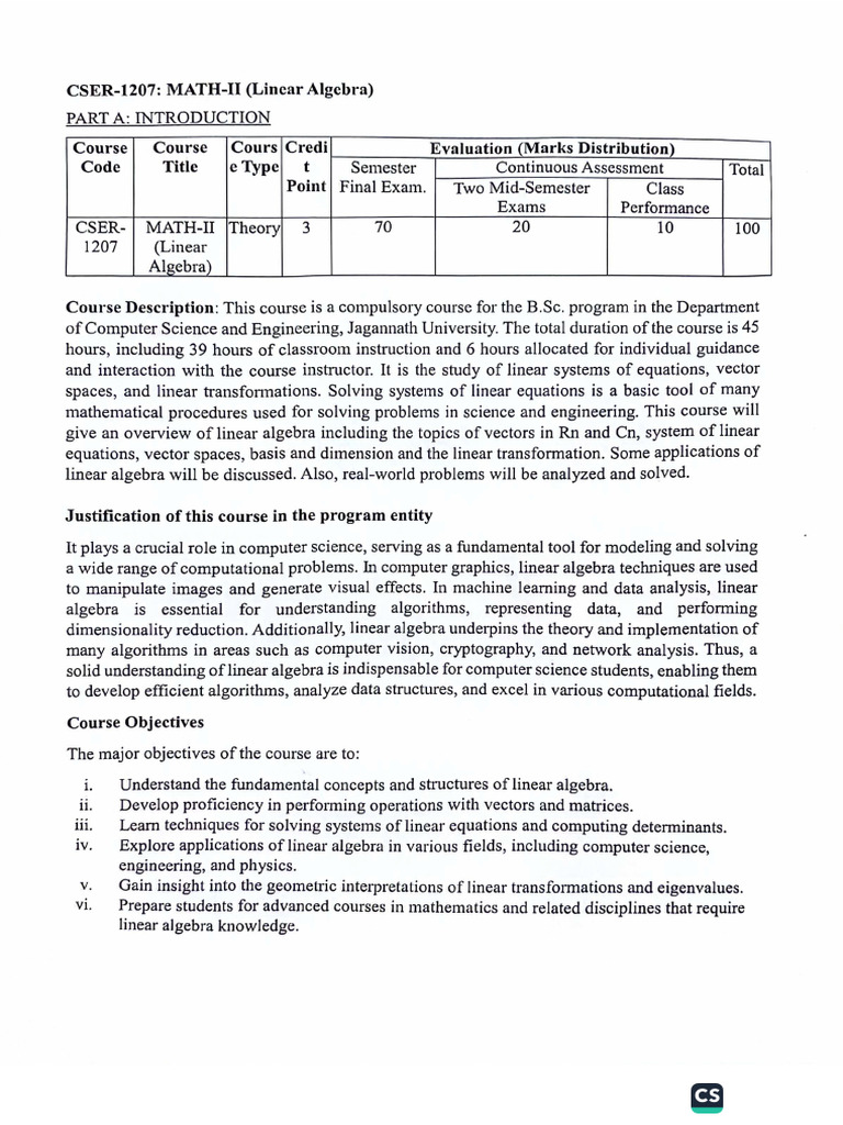 Linear Algebra Syllabus | PDF