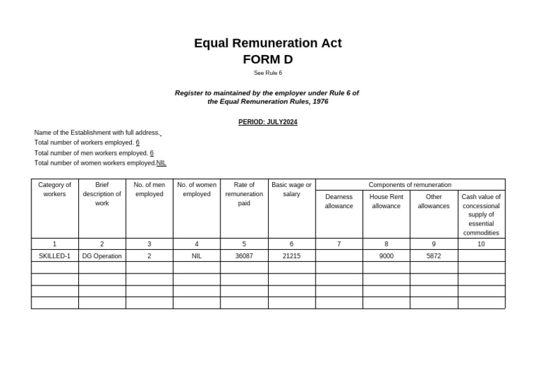 Equal Remuneration Act-FORM D | PDF