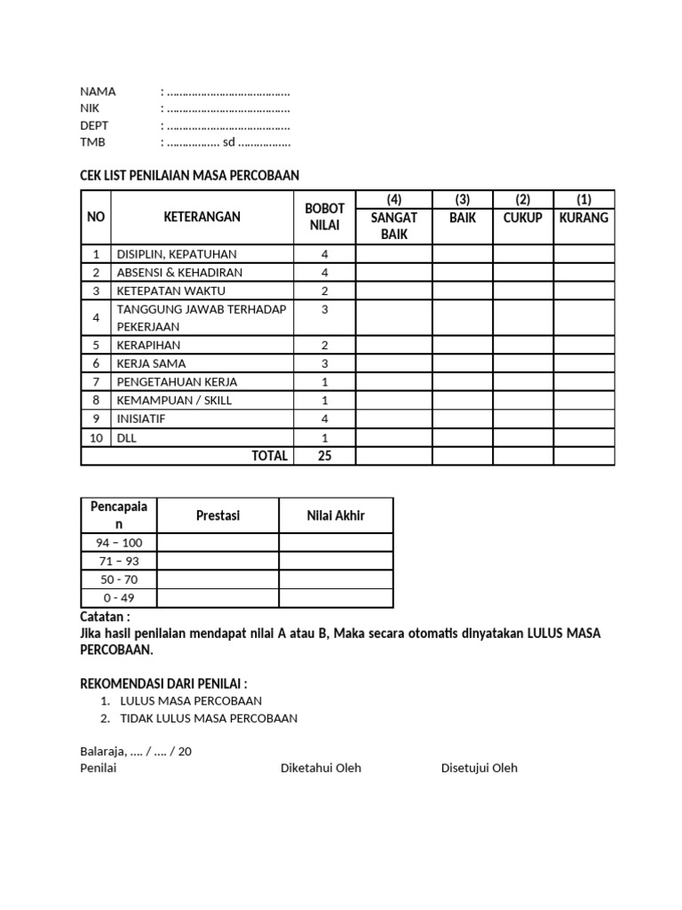 Form Cek List Karyawan Percobaan | PDF