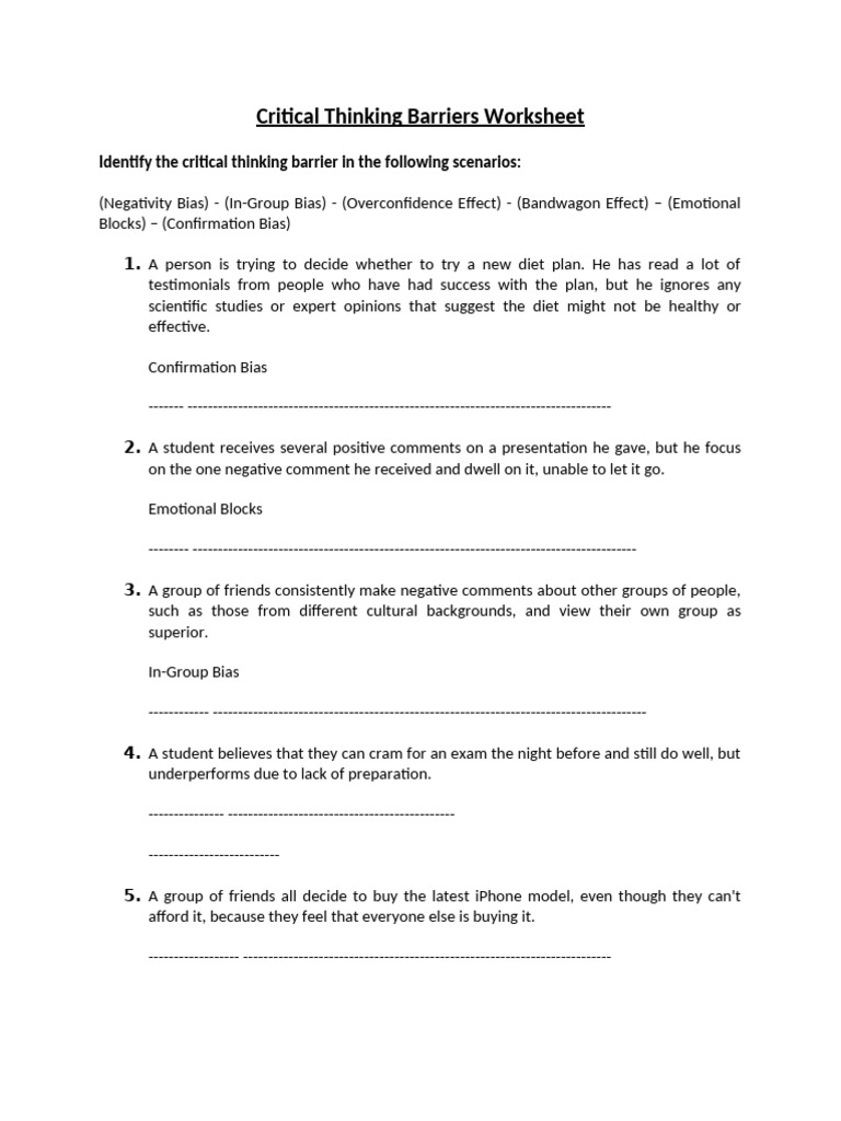 Critical Thinking Barriers Worksheet - Answers1 1 | PDF