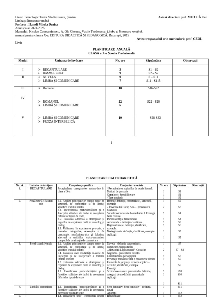 Planificare X Prof. | PDF